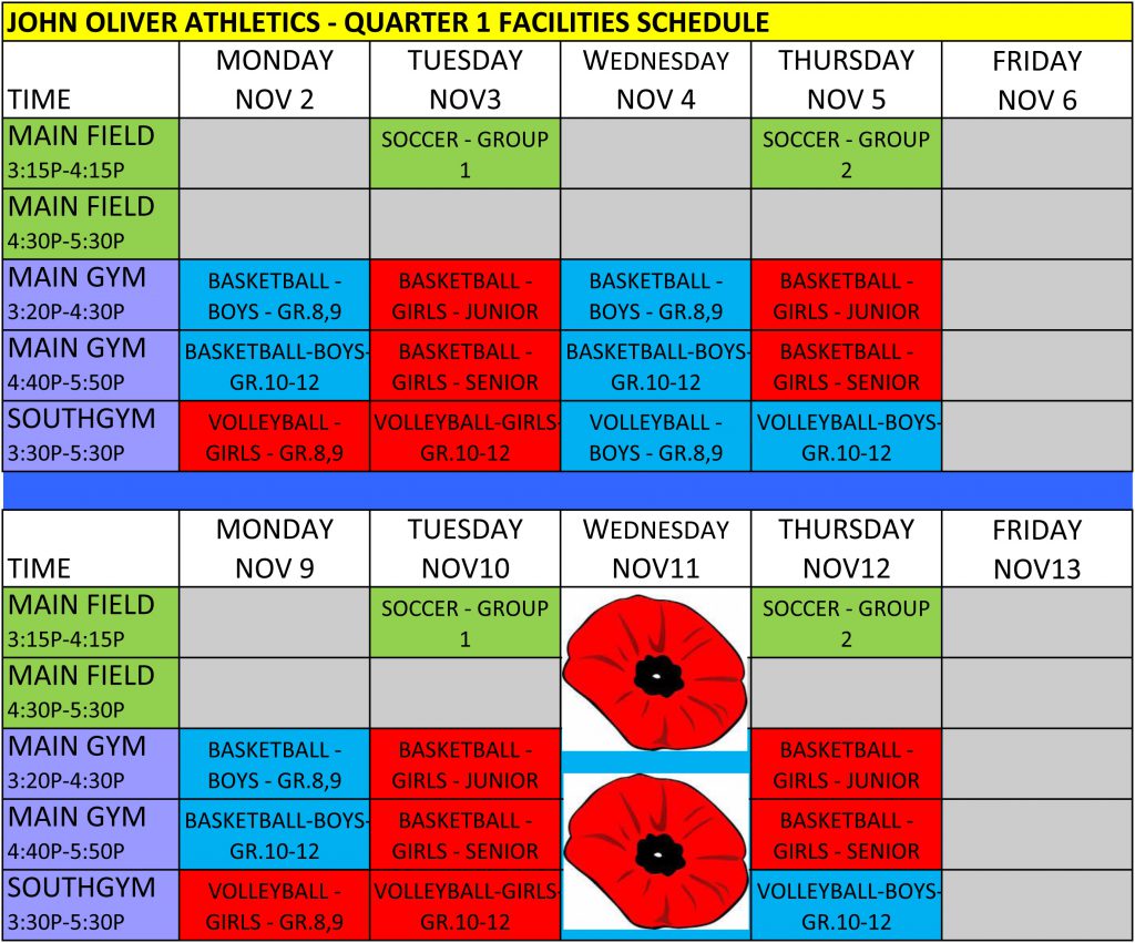 Q1 Sports Schedule Nov 2 – 13 | JOHN OLIVER ATHLETICS